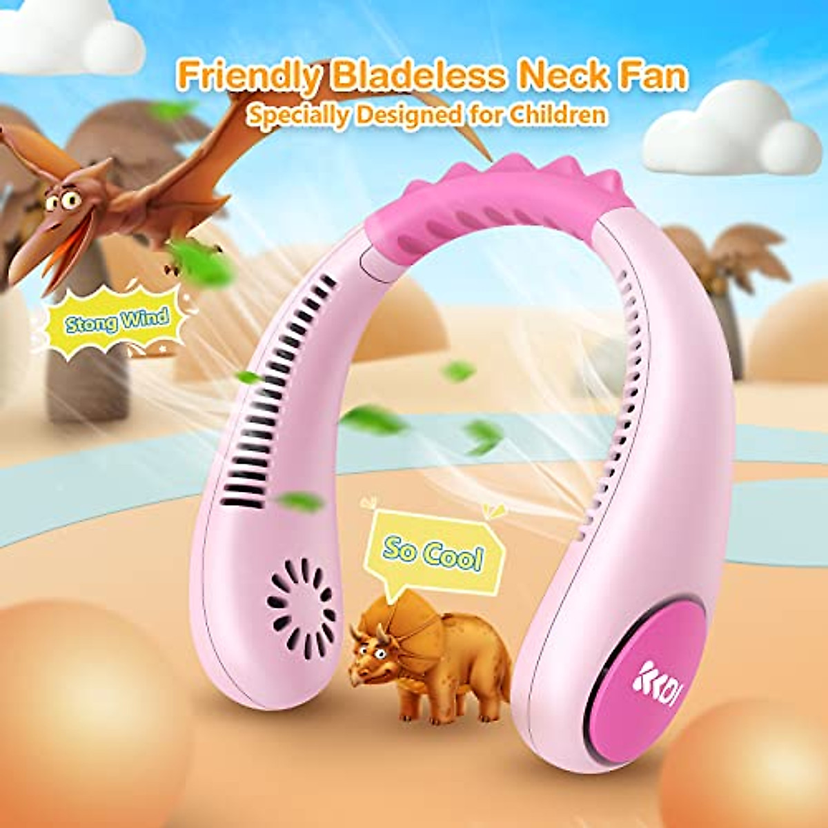 Kkdi Kids Neck Fan, Portable Bladeless Fan for Kid 4-14Y Girls & Boys, 2600mAh USB Personal Mini Fan Cooling Fan for Travel/Camping/Study, 4 Speeds, Lightweight, Compact, Perfect Summer Gifts for Kids