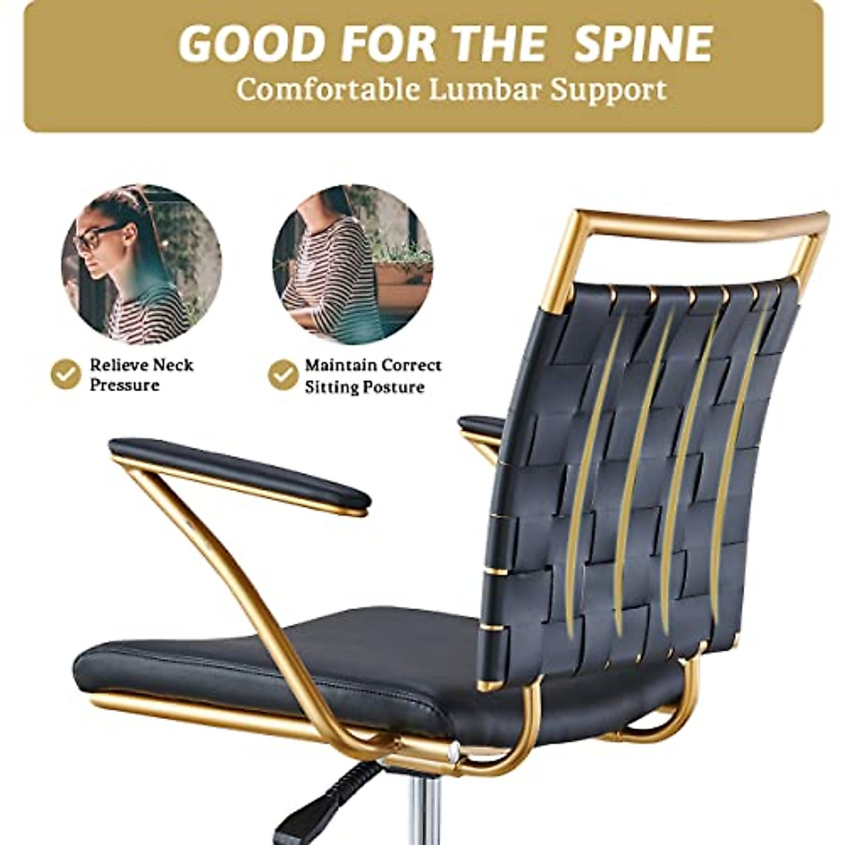 CAROCC Modern Leather Desk Chiar Gold and Black Office Chair Cute Desk Chiar Mid Back Conference Chairs with Wheels and Arms Comfortable Computer Swivel Task Chair(Black)