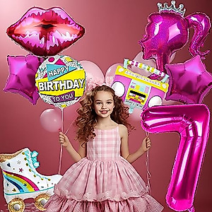 8Pcs Hot Pink Princess Foil Number Balloon Silver Balloons Girl Head Balloons Photo Prop For Barbie Theme Party Decorations Box Photo Booth Backdrop Pink Little Girl Makeup Birthday Supply (Number 7)