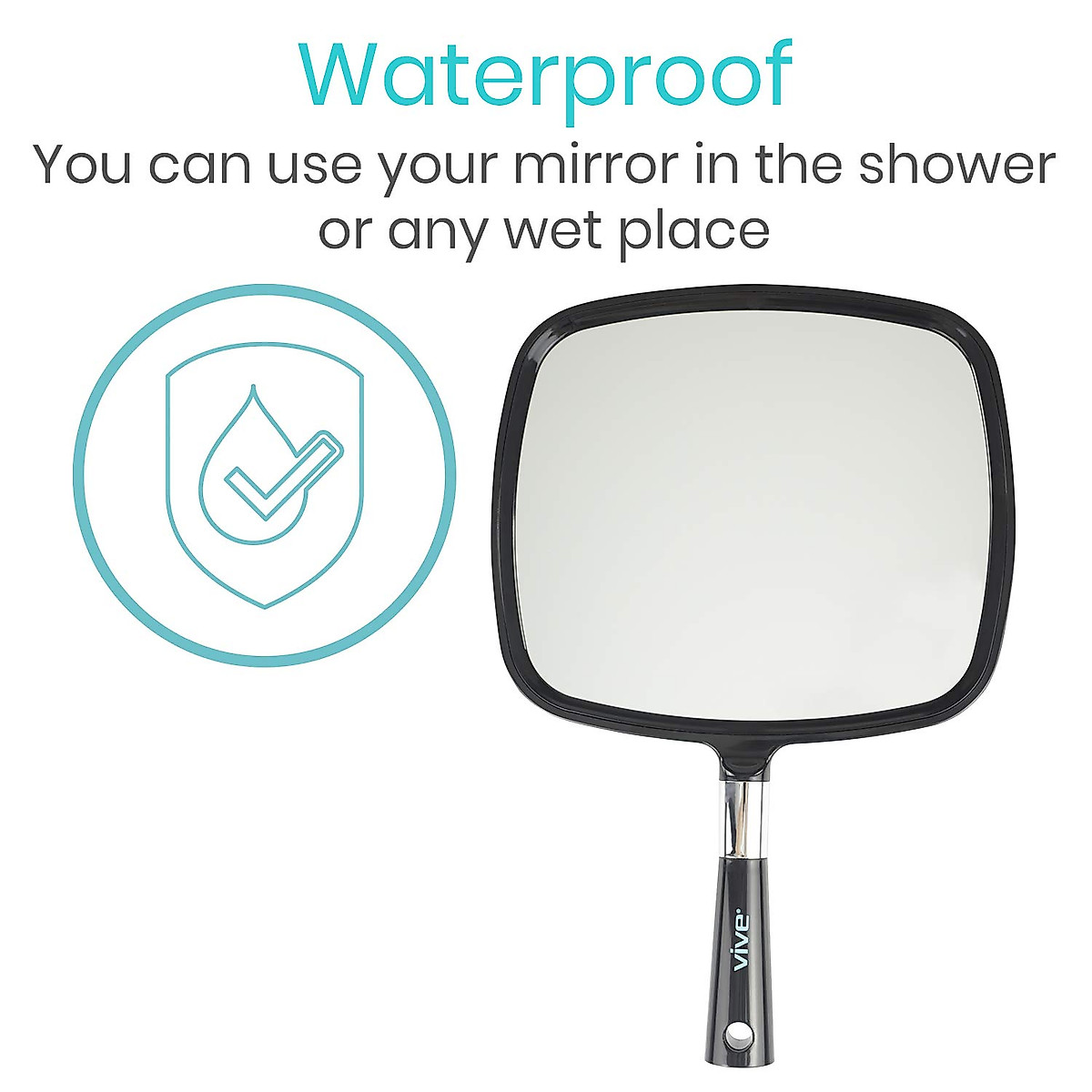 Vive Hand Mirror - Handheld Mirror with Handle - Extra Large Travel Portable Design - Makeup Mirror, Hair, Bathroom, Shaving, Barber - Vanity for Women, Men with Paddle Handle - Black Plastic Tool