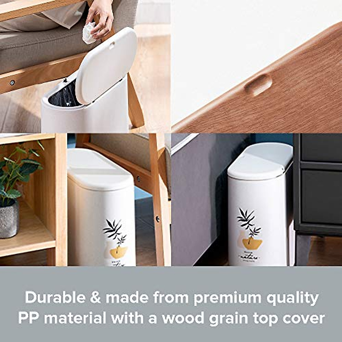 3.2Gal/12.1L Oval Slim Trash Can - Nordic Style Garbage Can with Lid - White Plastic Trash Can w/ Press Top White Lid - Space Saving Kitchen Trash Can w/ Double Barrel Removable Plastic Bin Liner