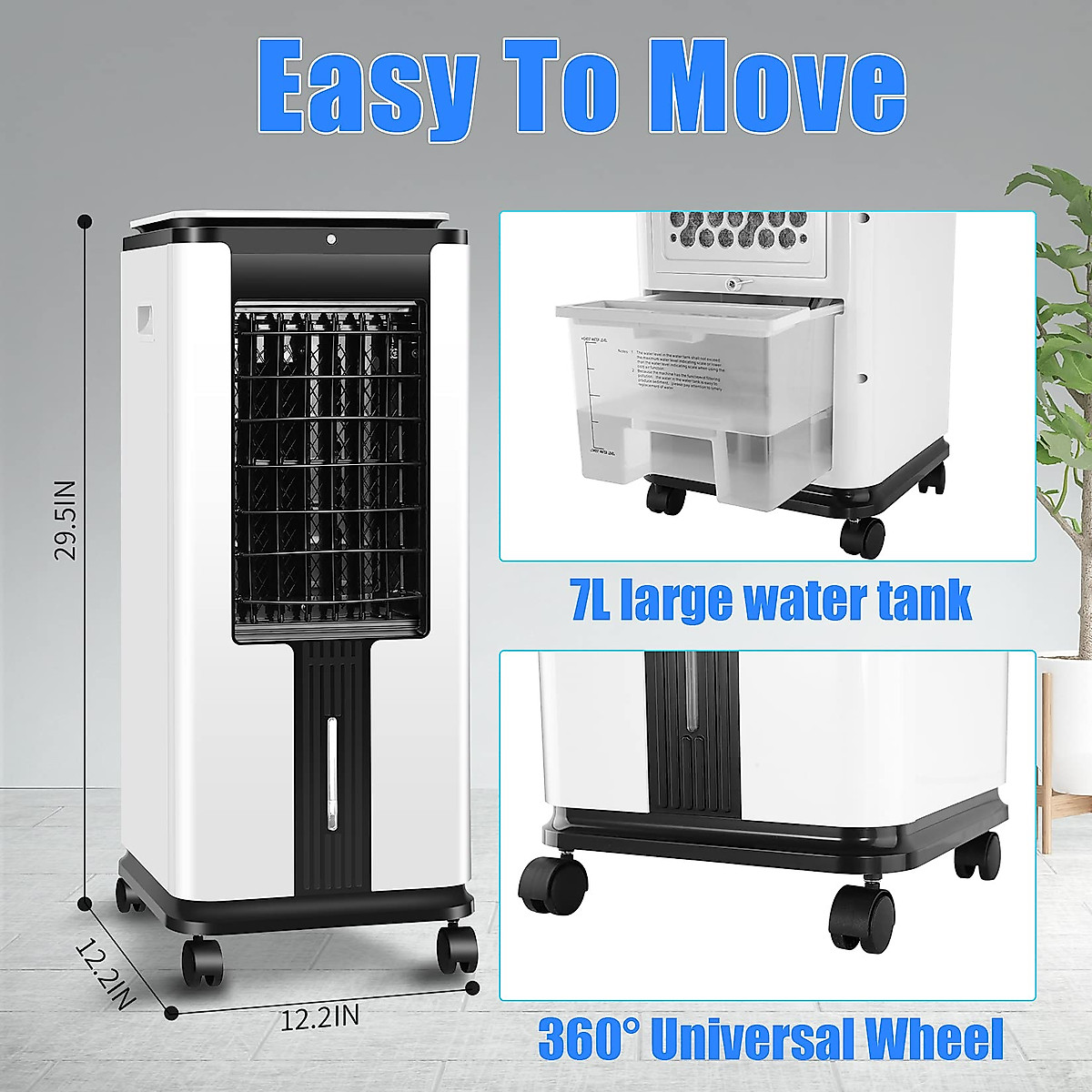 Portable Electric Air Conditioner Unit—2-1 Air Cooler & Tower Fan with 3 Speeds/Modes,12H Timer,with remote and 2 Ice Packs,7L Large Water Tank for Home,Office,Kitchen White