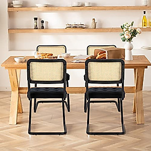 COLAMY Mid Century Modern Dining Chairs Set of 2, Velvet Rattan Dining Room Kitchen Side Chairs with Metal Chrome Legs and Upholstered Seat for Home, Living Room, Bedroom - Black