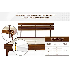 Bme Caden 15 Inch Deluxe Bed Frame with Adjustable Headboard - Mid Century, Retro Style with Acacia Wood - No Box Spring Needed - 12 Strong Wood Slat Support - Easy Assembly - Dark Chocolate, King