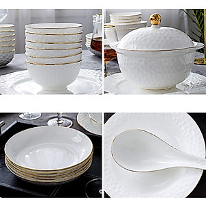 Plate and Bowl SetKitchen Tableware Set,Ceramics Dinner Sets, 60 Pieces Handmade Gold Bone China Dinnerware Set | Cereals Bowl & Dish & Soup Pot for Family Gathering - Porcelain Combination Set