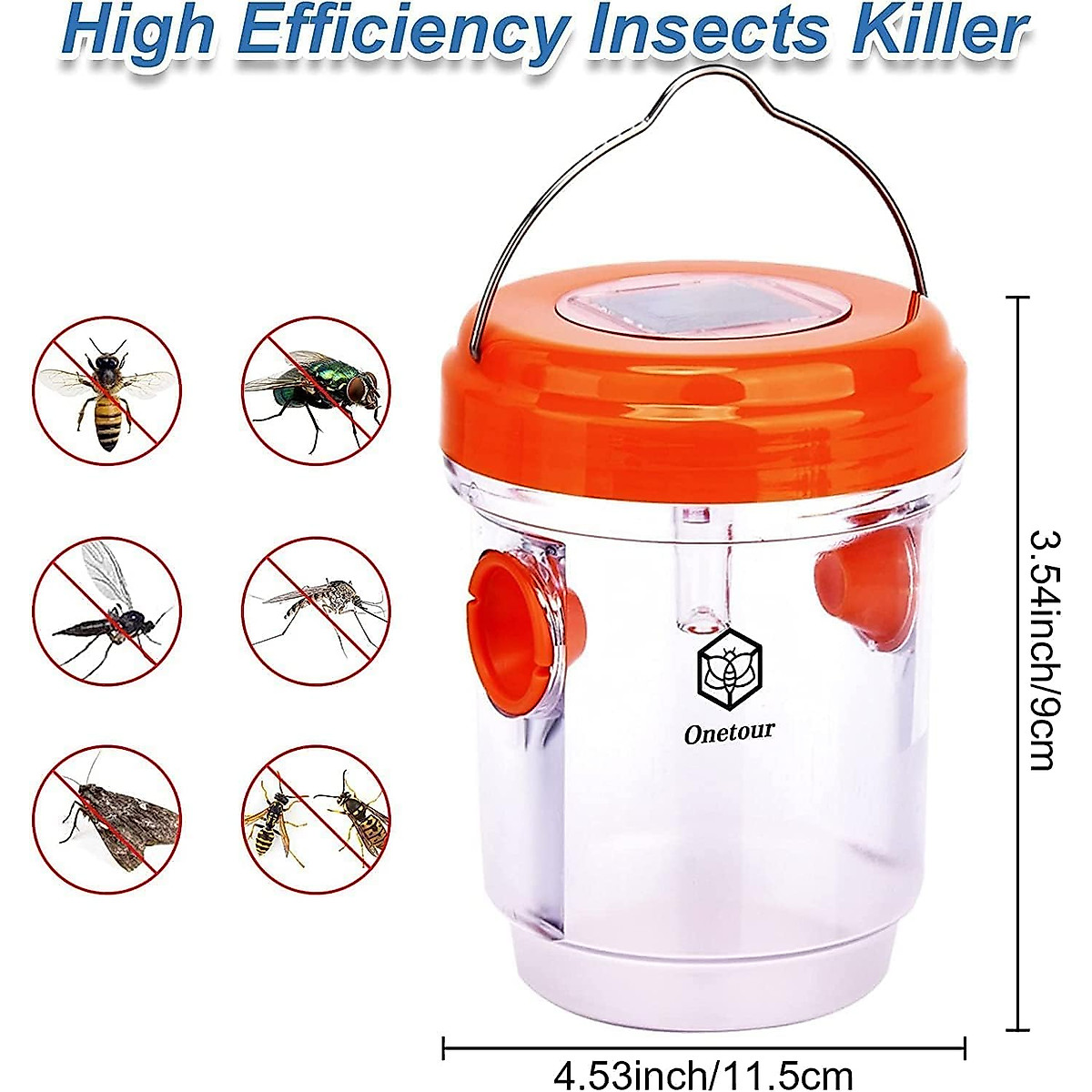 2 Pack Solar Wasp Traps, Solar Powered Wasp Killer Hanging with UV LED Light, Reusable Bee Trap Catcher Outdoor for Hornets, Yellow Jackets