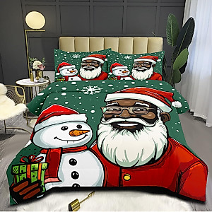 CCoutueChen Black Santa Claus Comforter Set Queen Size,Cute Cartoon Snowman Bedding Set for Kids Children,Green Christmas Holiday Decor Comforter,3Pcs Soft Warm Bed Set with 2 Pillowcases(90 * 90)