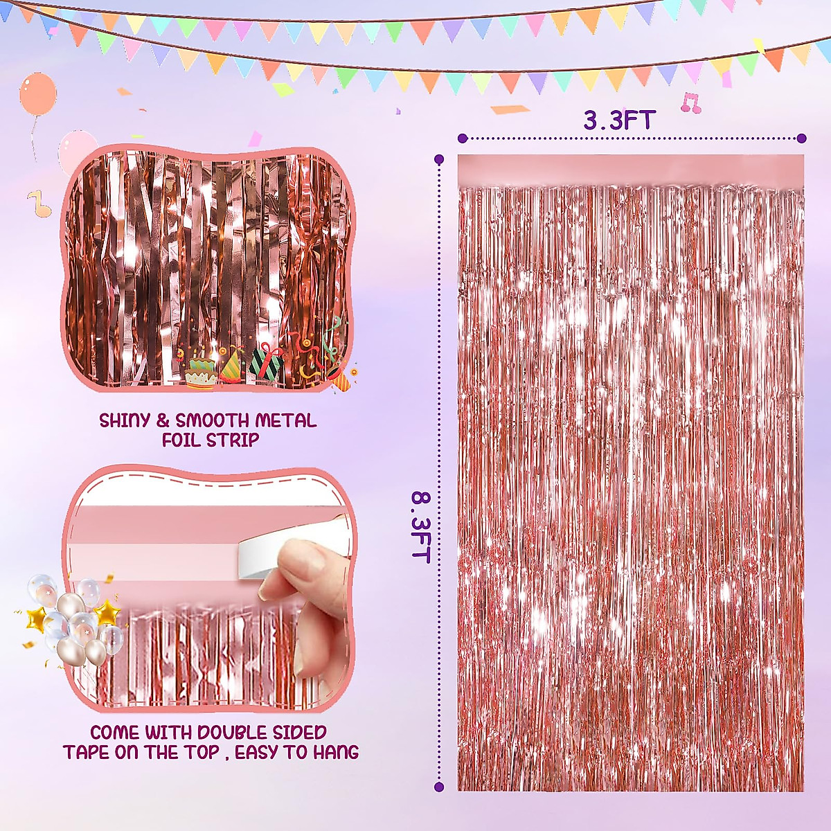 Rose Gold 3 Pack Metallic Tinsel Foil Fringe Curtains, 3.3x8.3 Feet Rose Gold Streamers Backdrop for Party, Door Streamers Party Decorations, Party Streamers for Birthday Christmas Party Decorations