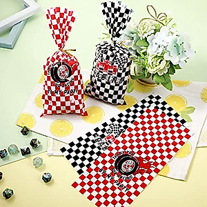 100 Pack Racing Car Candy Bags Car Favor Cellophane Bags Black and White Race Car Treat Bags Checkered Soccer Theme Goodie Bags with 100 Gold Twist Ties for Race Themed Birthday Party Supplies