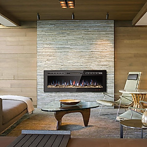 GMHome 80 Inches Wall Recessed Electric Fireplace Wall Mounted in-Wall Built Heater, Log Sets & Crystals, 9 Changeable Colors, with Remote, 1500W Fireplace, Black