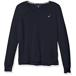 Nautica Women's Effortless J-Class Long Sleeve 100% Cotton V-Neck Sweater, Navy, Large