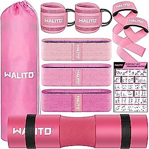 WALITO 10Pcs Barbell Pad Set for Hip Thrust - Squat Pad for Barbell Lunges, Bench Press, with 2 Gym Ankle Straps, 3 Resistance Bands for Working Out, 2 Lifting Strap, Workout Poster, Carry Bag