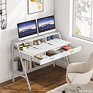 Tribesigns Computer Desk with Storage Shelf & Drawers, Modern 47 inch Office Writing Desk Study Table with Monitor Stand Riser for Home Office Use (White)