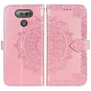 Compatible with LG V20 Wallet Case and Tempered Glass Screen Protector Leather Mandala Flower Flip Cover Credit Card Holder Stand Cell Accessories Phone Cases for LGV20 LG20 V 20 ThinQ Women Rose gold