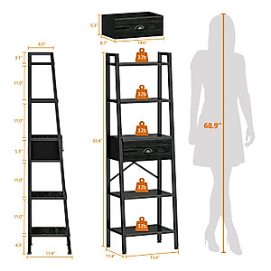 Furologee 5 Tier Bookshelf, Ladder Shelf with Drawer, Tall Bookcase Corner Shelf, Narrow Shelf Industrial Display Standing Units for Home Office, Living Room, Bedroom, Kitchen, Black Oak