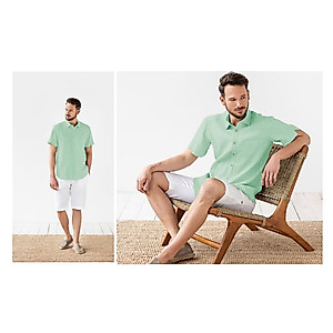 JEKAOYI Button Down Short Sleeve Linen Shirts for Men Summer Casual Cotton Spread Collar Beach Shirts Green