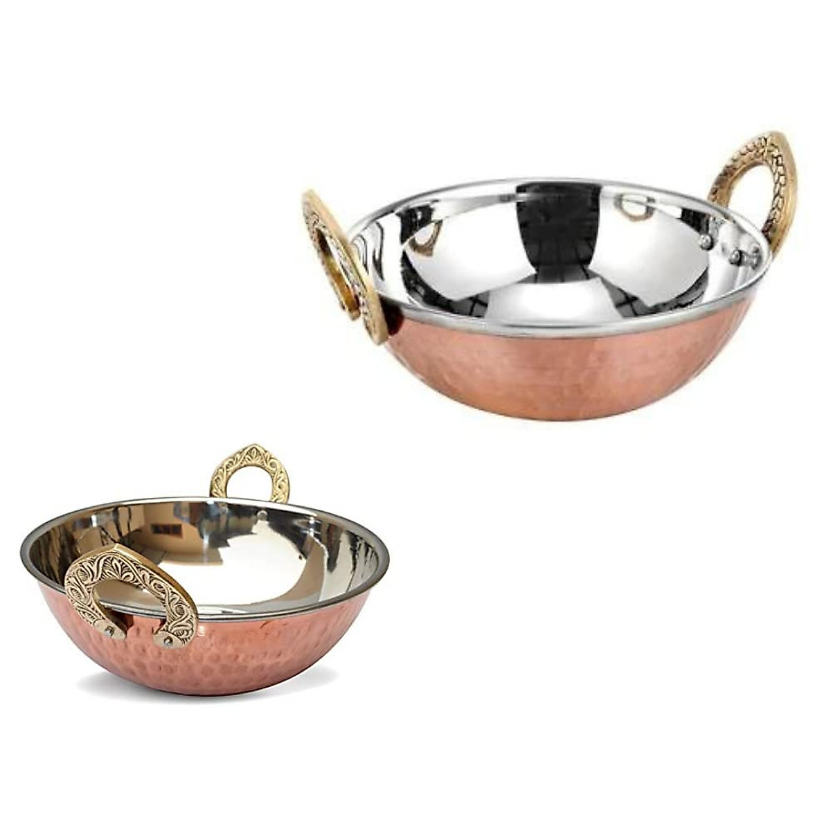 Genx Set of 4, Indian Copper Serveware Karahi Vegetable Dinner Bowl with Solid Brass Handle for Indian Food, Diameter- 13 Cm (5.2 Inches)