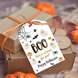 Halloween Tag Decoration 50PCS Halloween Ghost Tag with Jute String Trick or Treat Happy Boo Day for Halloween Party Gift Wrapping Candy Bag Decoration