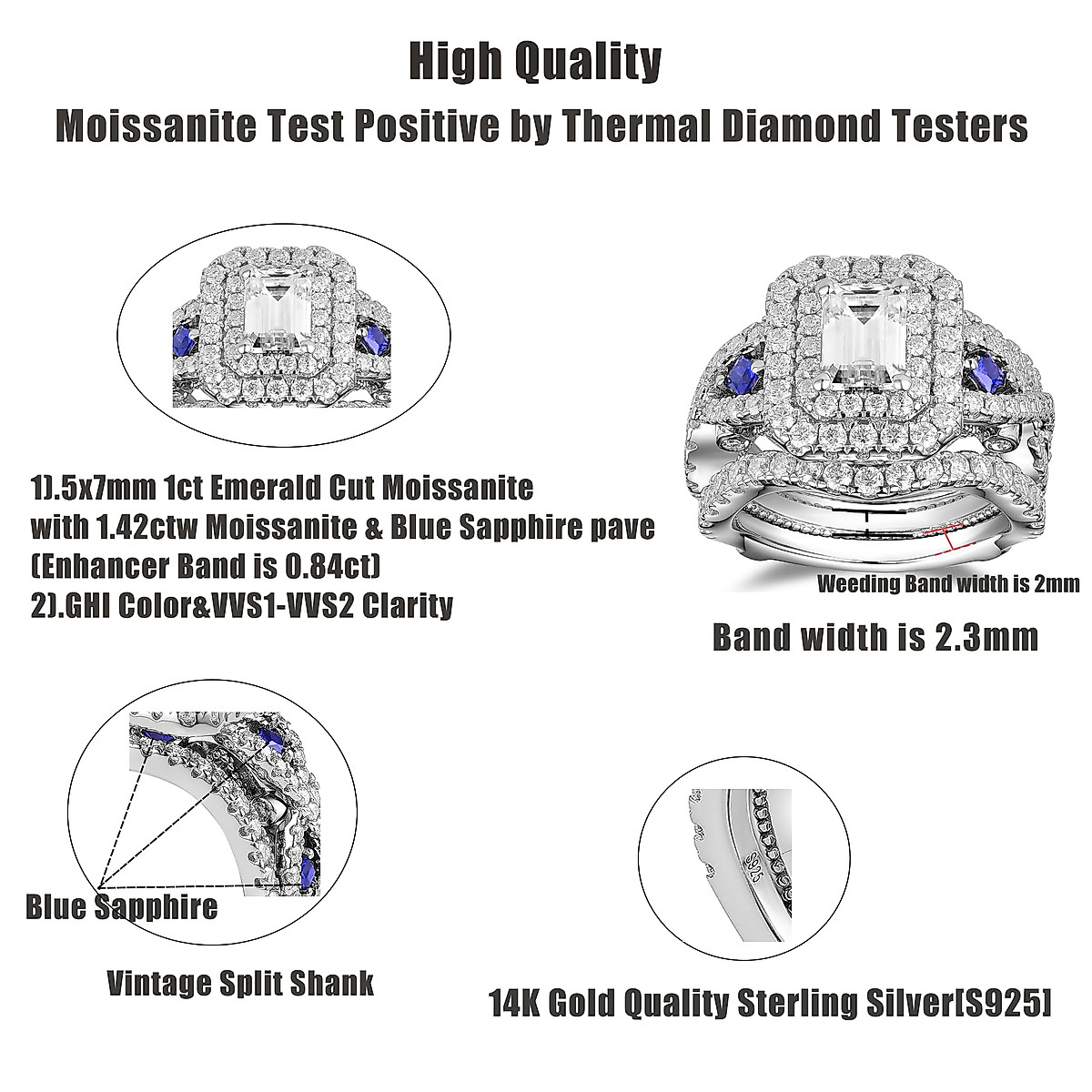 DovEggs 3.2ct Total 5x7mm GHI Emerald Cut Moissanite Antqiue Double Halo Engagement Ring Moissanite&Blue Sapphire Accents Curved Enhancer Guard Wedding Ring Set 14k Gold Quality Sterling Silver(6)