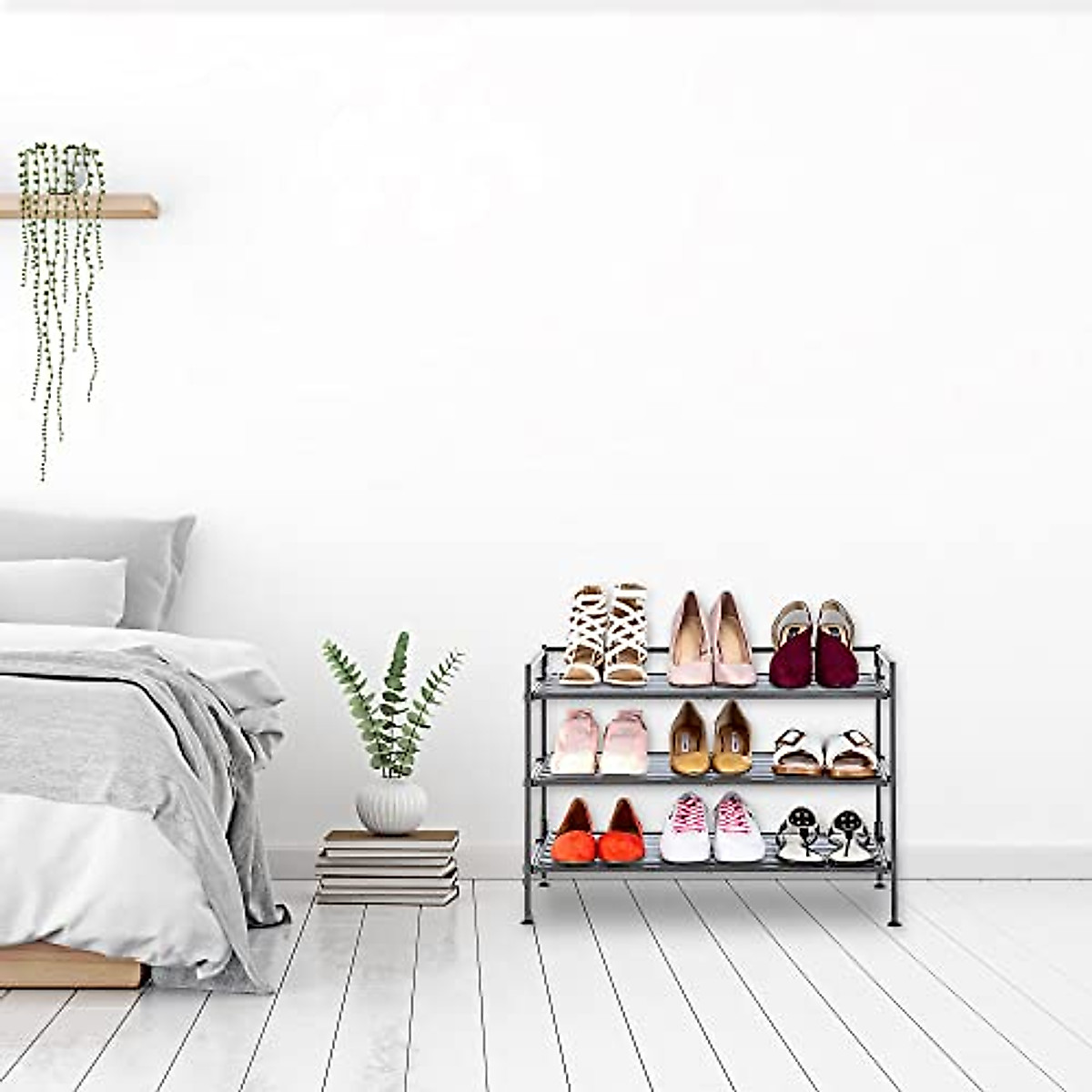Seville Classics Sturdy Freestanding Storage Shelf for Bedroom, Closet, Entryway, Dorm Room Organizer Stackable Durable Metal Shoe Rack Silver Mist Slat, 3-Tier