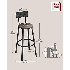 VASAGLE Bar Stools, Set of 2 PU Upholstered Breakfast Stools, 29.7-Inch Barstools with Back and Footrest, Simple Assembly, for Dining Room Kitchen Counter, Classic Black and Coffee Brown ULBC069B82