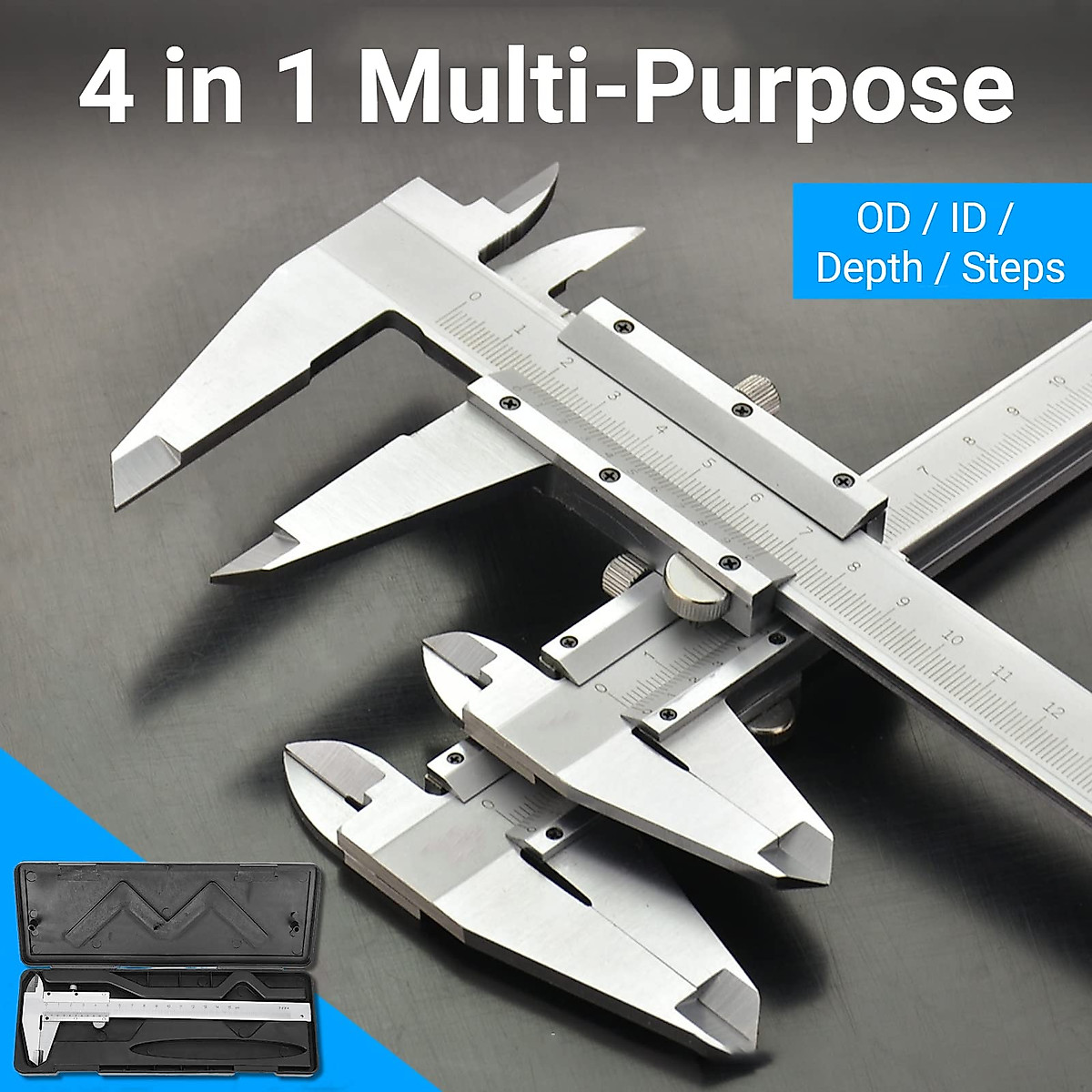 Carbon Steel Vernier Caliper,150mm 0.02mm Resolution Metal Micrometer Gauge,Length Depth Thickness Inner and Outer Diameter Measure Tool