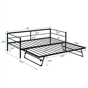 Bellemave Twin Size Metal Daybed with Adjustable Trundle, Heavy-Duty Steel Daybed with Pop Up Trundle, Black