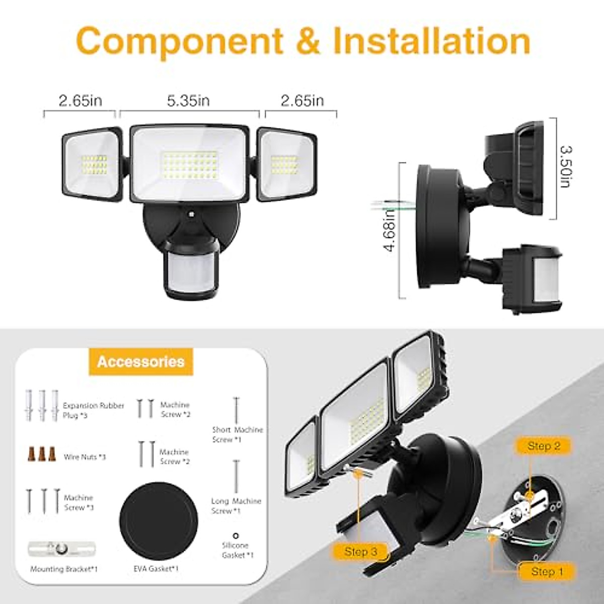 Onforu LED Security Lights Motion Outdoor, Flood Lights Outdoor Motion Sensor Light, Motion Detector Lights for Outside, 50W, 5000LM, 6500K, IP65 Waterproof, 3 Adjustable Heads