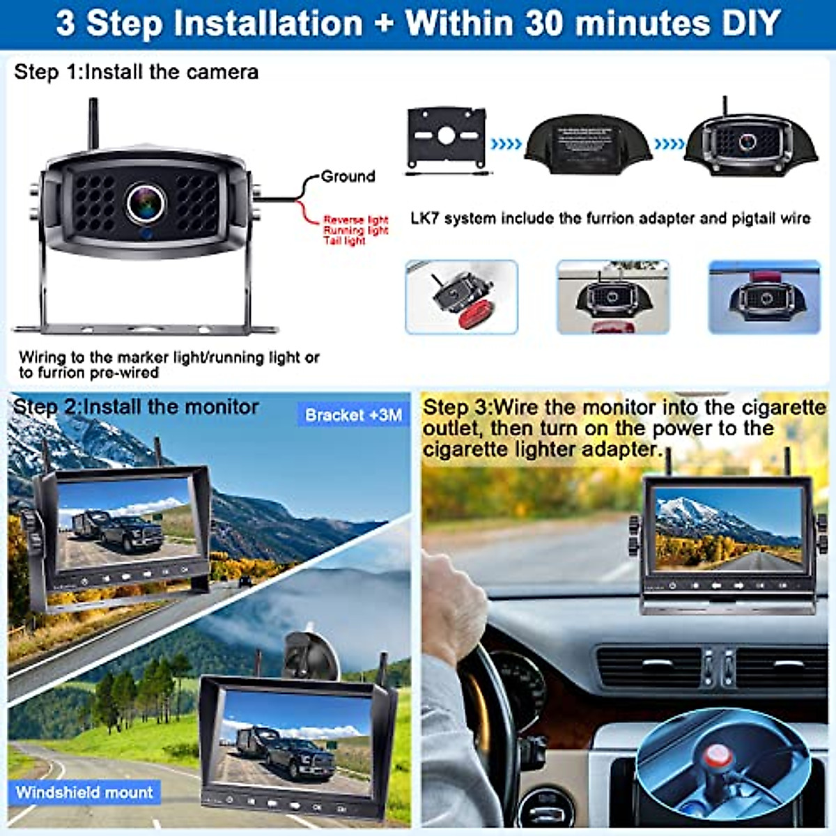 LeeKooLuu RV Backup Camera Wireless Waterproof 7'' LCD Split Screen DVR ...
