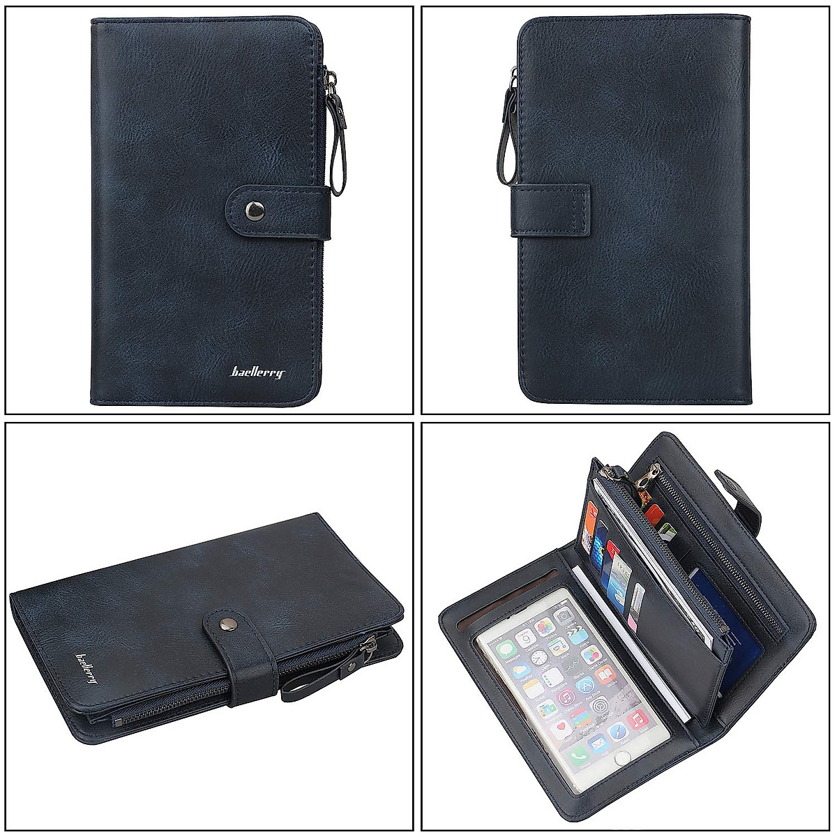 Wristlet Wallets for Men & Women, Leather Clutch Wallet with Card Slots Business Long phone Purse Multi Card Organizer (C224 Navy Blue)