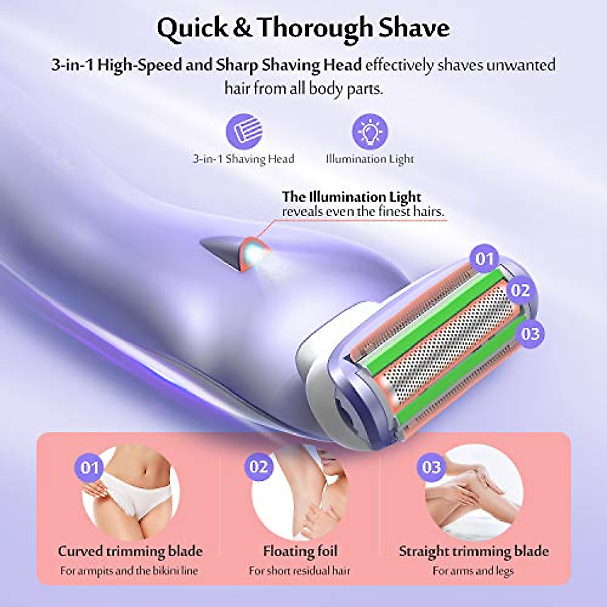 Electric Shaver for Women, Ribivaul Women's Electric Razor for Legs and Underarms, Cordless Ladies Electric Razor for Women Pubic Hair, 3-Blade in 1 Foil Shaver and Bikini Trimmer, Wet & Dry Use, Blue