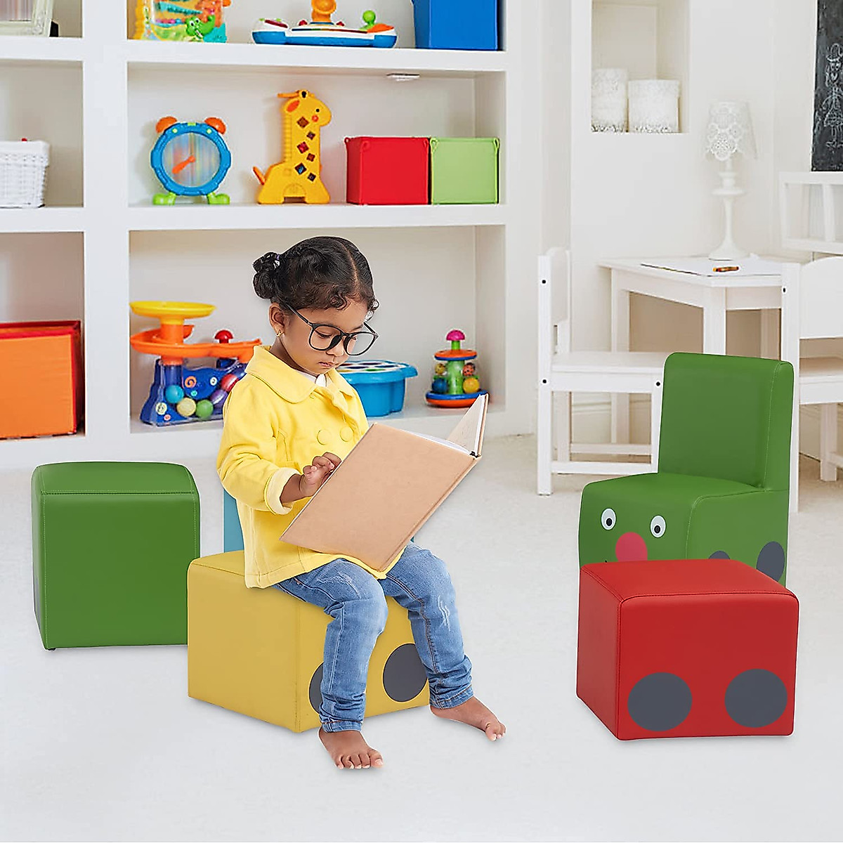 Kinsuite 5 Pcs Kids Sofa Set - Soft Foam Stool Colorful Cartoon Leather Chair for Classroom Daycares Kindergarten Nursery Train