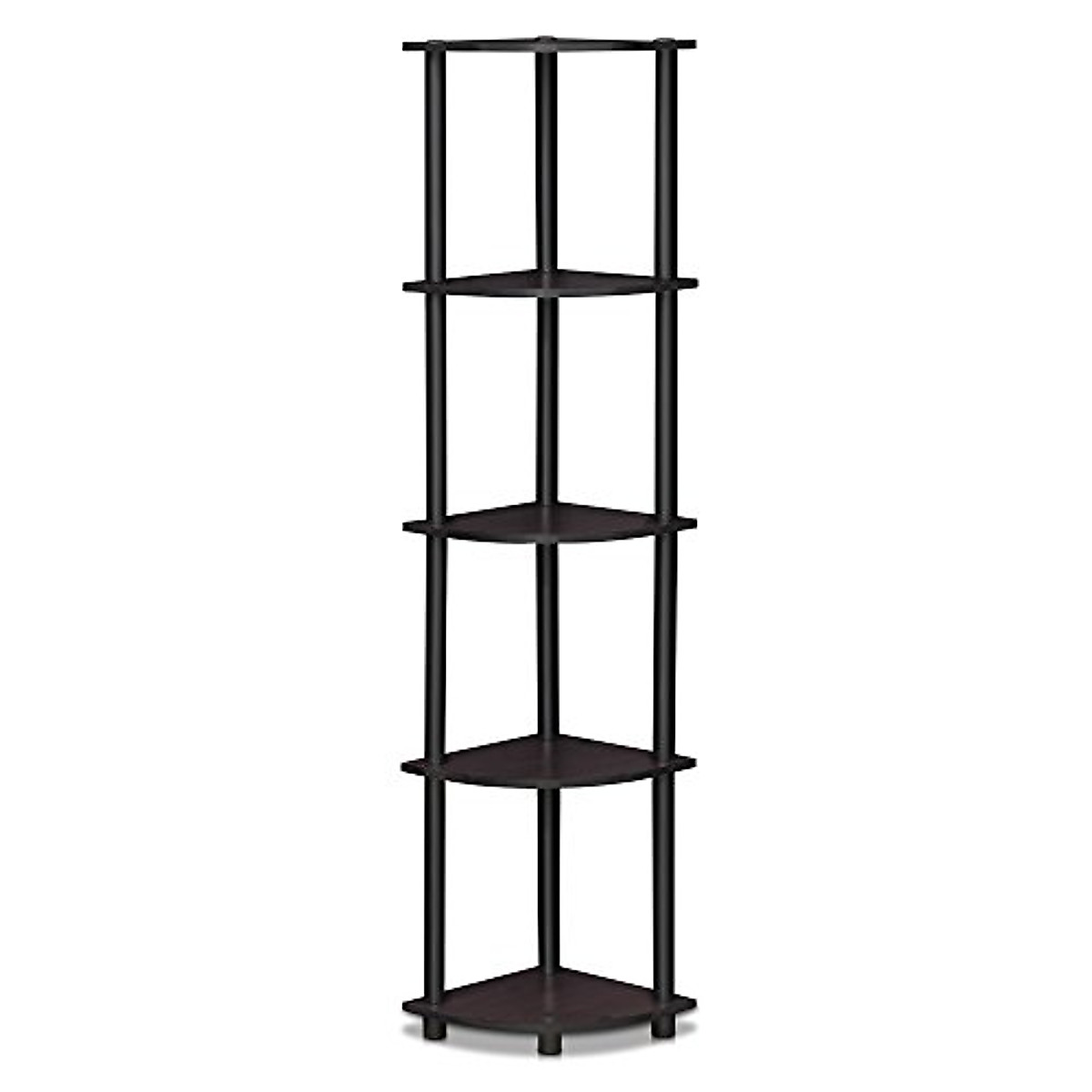 Furinno Turn-N-Tube 5 Tier Corner Display Rack Multipurpose Shelving Unit, 1-Pack, Dark Walnut & Turn-N-Tube 4-Tier Multipurpose Shelf Display Rack, Round Tubes, Dark Walnut