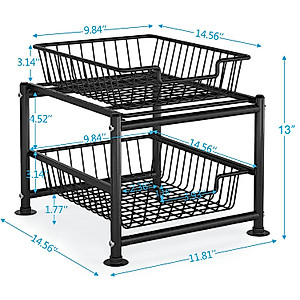 Under Sink Organzier, 1Easylife 2 Tier Sliding Cabinet Basket Under Sink Storage Pull Out Organizer Rack Black with Anti-slip Beads and Silicone Sucker Multi-purpose for Kitchen Bathroom