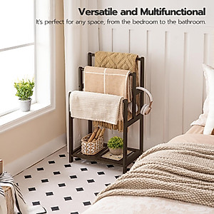 HOOBRO Standing Towel Rack, 3-Tier Blanket Rack Holder, 16.5" L x 11.8" W x 30.3" H, Bamboo Drying and Display Rack with Shelf, for Bedroom, Living Room, Bathroom, Mocha MA03LB01