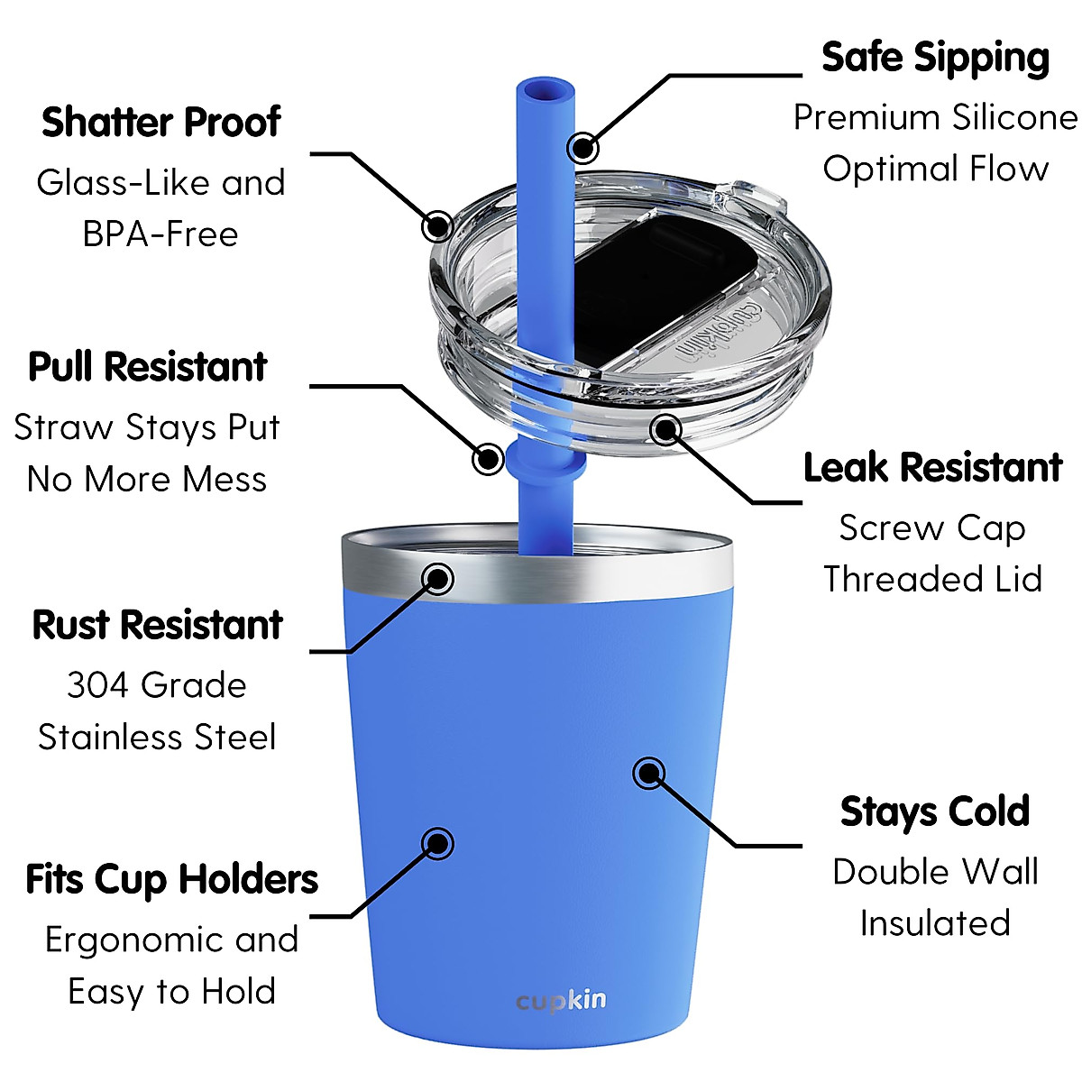 CUPKIN Stackable Stainless Steel Kids Cup Smoothie Tumbler, Powder Coated Insulated Tumblers, BPA Free Lid and Silicone Straw 8 Fl Oz (Pack of 1), Blue