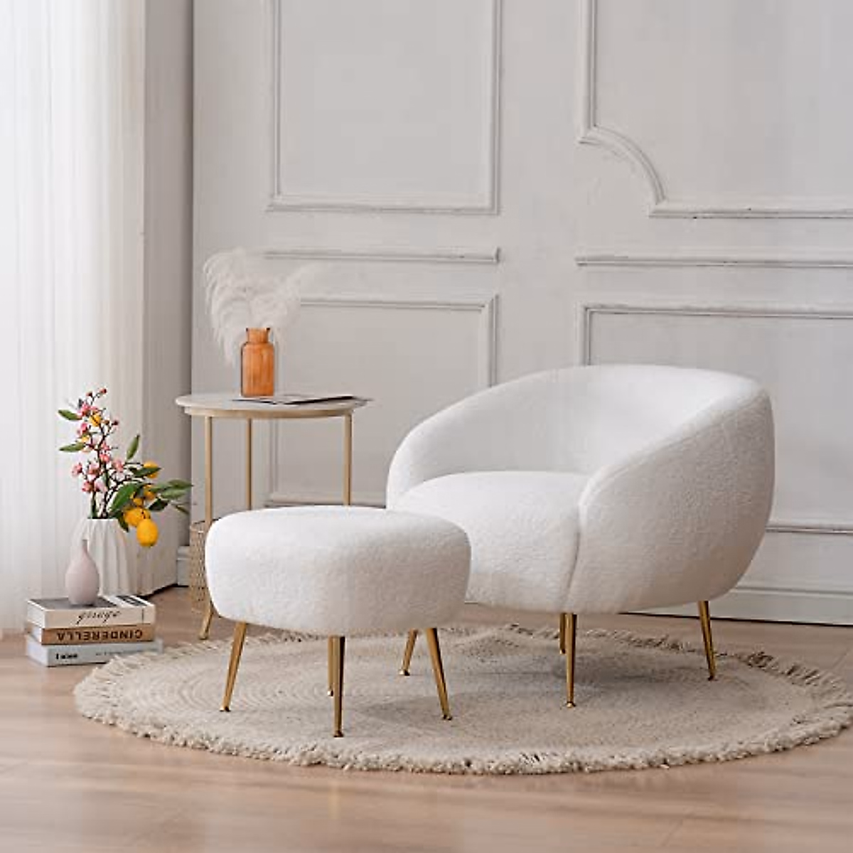 Kiztir Sherpa Accent Chair, White Accent Chair with Ottoman/Gold Legs, Modern Accent Chair for Living Room, Bedroom or Reception Room