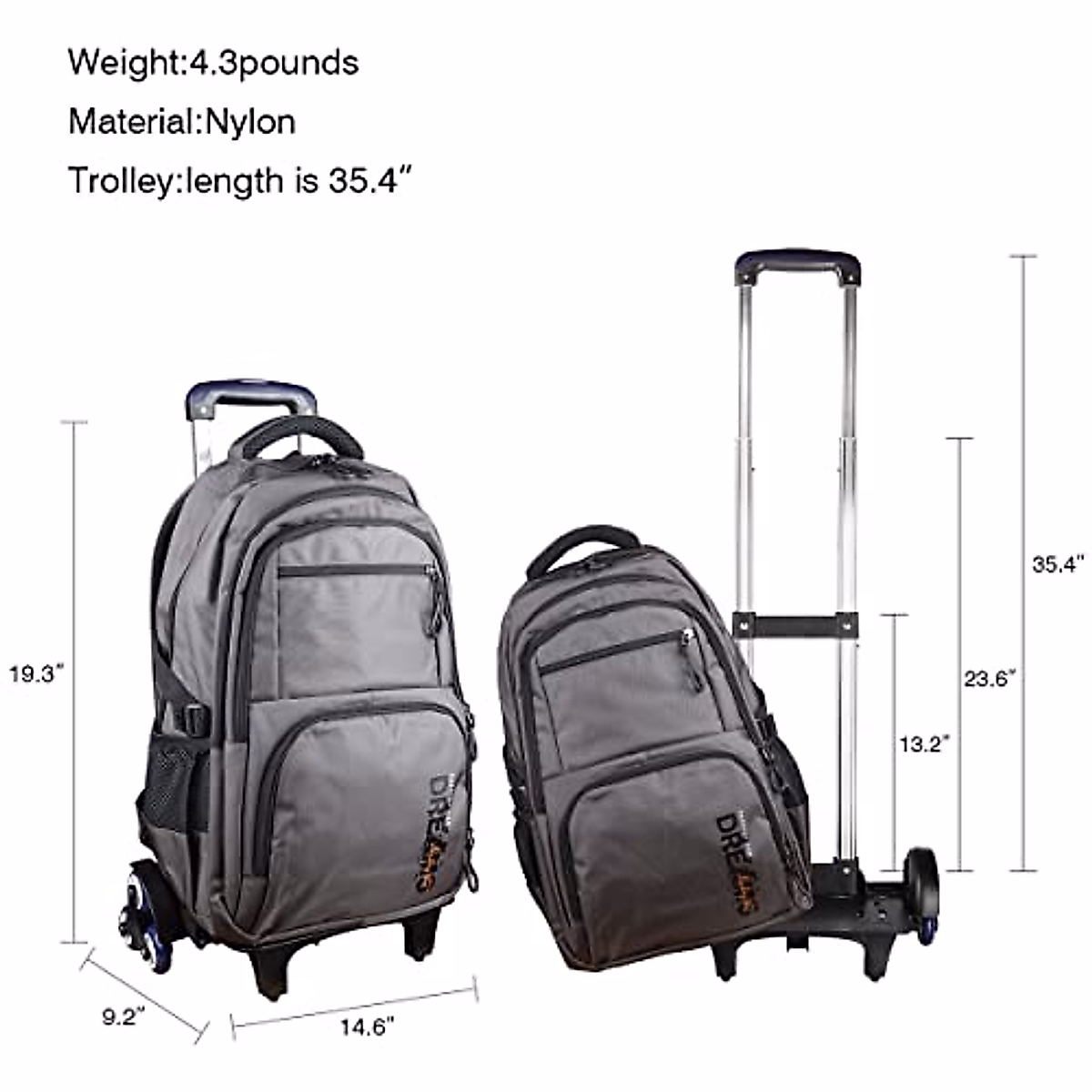 VILINKOU Rolling Backpack with Wheels Backpacks on Wheels for Boy and Girl, 18 inch Wheeled Backpack for School, Travel (Grey)