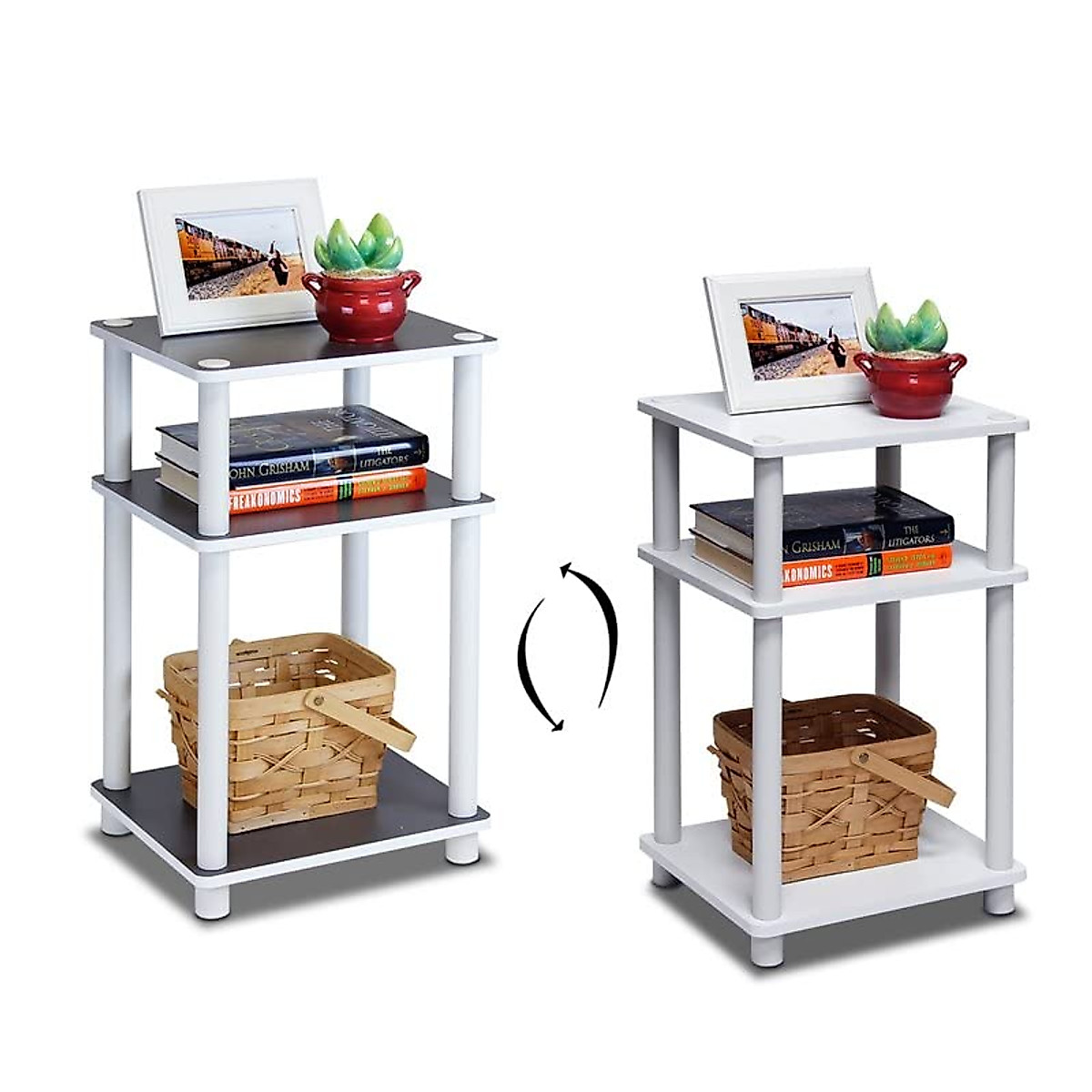 Furinno Just 3-Tier Turn-N-Tube End Table / Side Table / Night Stand / Bedside Table with Plastic Poles, 2-Pack, White/White and Furinno Luder Bookcase / Book / Storage, 5-Cube, White