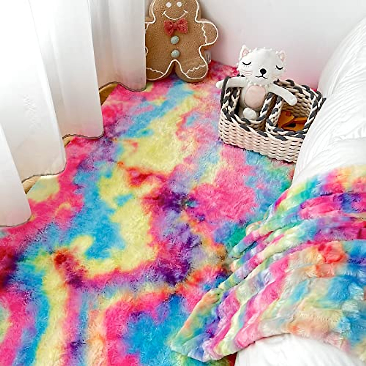 NEWCOSPLAY Faux Fur Area Rug Rainbow Tie Dye Carpet Playing Mat for Girls Bedroom Living Room Home Décor (4' x 5.3', Dark Rainbow)