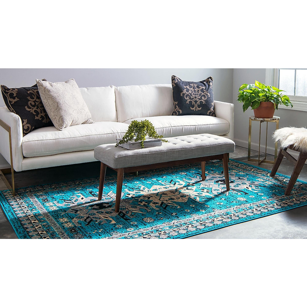 Unique Loom Taftan Collection Border Geometric Tribal Inspired Design Area Rug, 4 ft x 6 ft, Turquoise/Gray