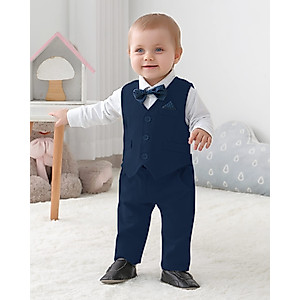 DISAUR Baby Boy Wedding Outfit Long Sleeve Infant White Shirt Dark Blue Plaid Vest Pants Bow Tie Baby Blessing Outfits For Boys 1t 12 18 Months