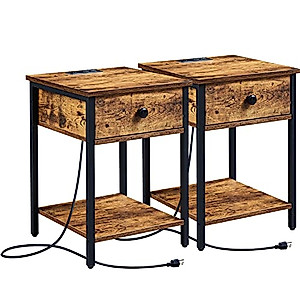 SUPERJARE Nightstand with Charging Station and USB Ports Set of 2, Side Table End Table with Drawer, Open Storage Shelf and Steel Frame, Bedside Table for Small Spaces, Rustic Brown
