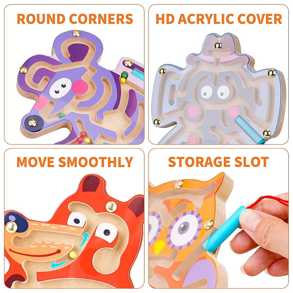 NiToy 4PCS Wooden Magnetic Maze Toys for Kids 3+, 7''x8'' Animal Interactive Puzzle Game Board Montessori Labyrinth STEM Activity Child Fine Motor Skill Development Preschool Birthday Gift (4 Animals)