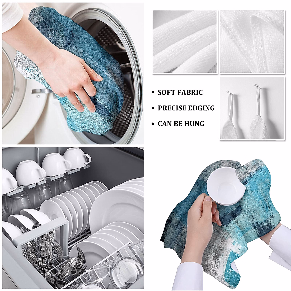 Kitchen Towels Abstract Paint Art Graffiti Lattice Tea Towel Microfiber Absorbent Washable Cyan Teal Turquoise Gray Soft Hand Dish Towel Cleaning Cloth for Kitchen Bathroom，18 x 28 Inch