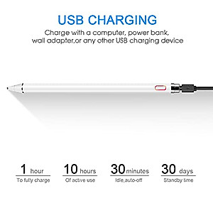 Rechargeable Active Stylus Pencil Compatible for Apple iPad,Stylus Pens for Touch Screens,Fine Point Stylist Compatible with iPhone iPad Pro Air Mini and Other Tablets (White)