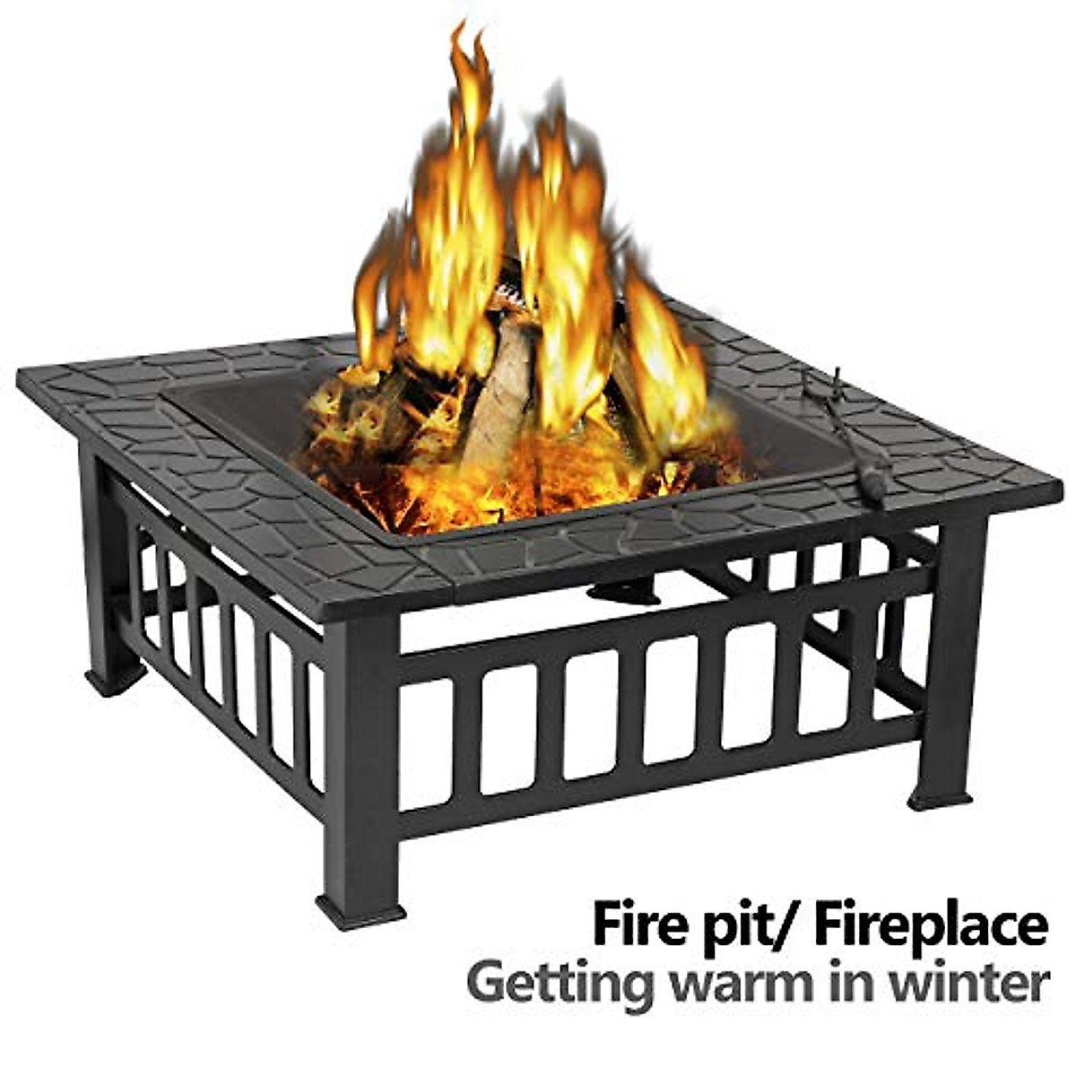 32 Inch Outdoor Fire Pit Square Metal Firepit Table Wood Burning Fireplace with Waterproof Cover Mesh Lid Backyard Patio Garden Bonfire BBQ Grill, Black