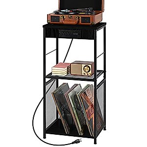 Record Player Stand Vinyl Record Storage with Charging Station Record Player Table with Album Storage Turntable Stand with USB Ports and Power Outlets Nightstand for Living Room, Industrial Black