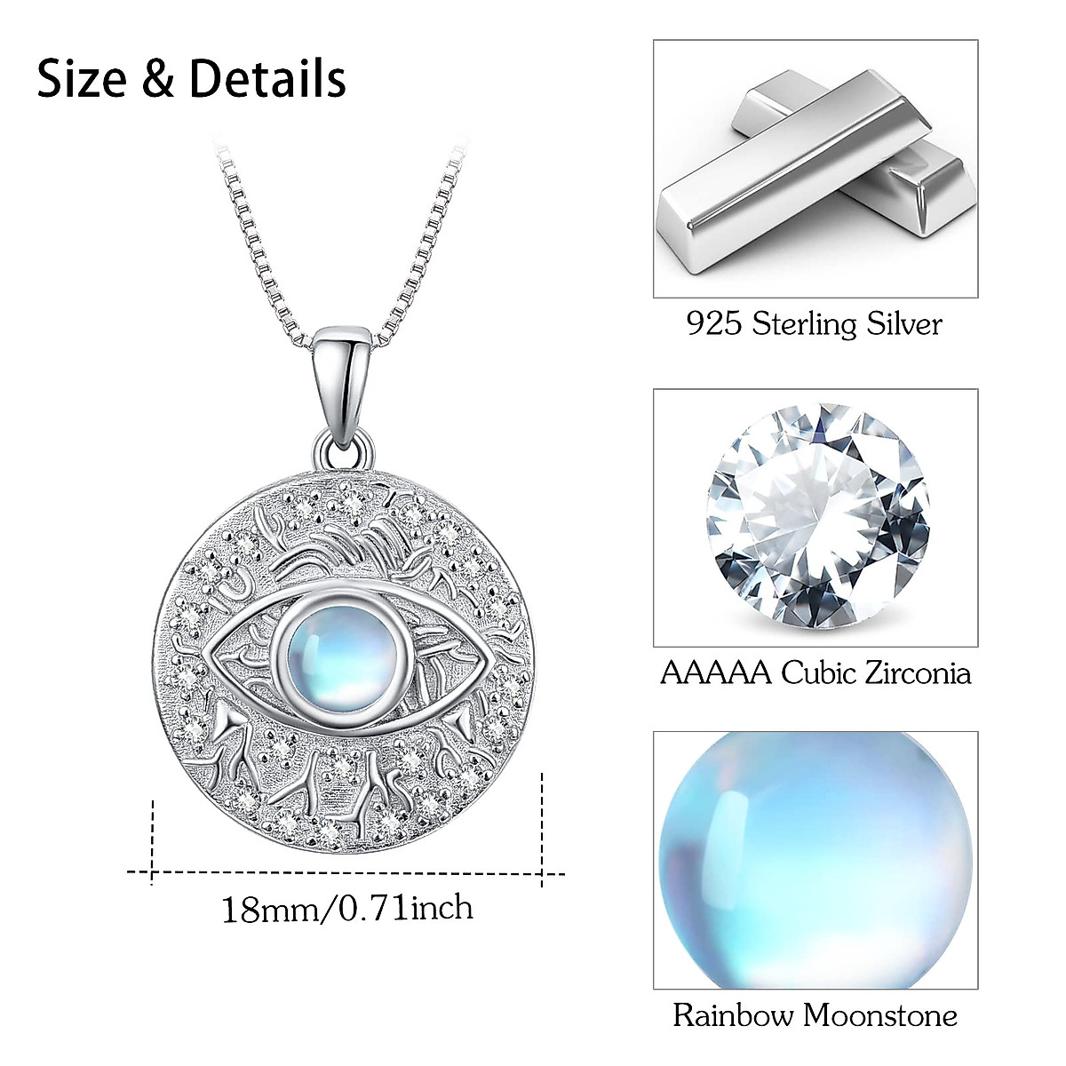 TUGHRA Evil Eye Necklace S925 Sterling Silver Moonstone Evil Eye Pendant Necklaces Protection Jewelry Amulet Gift for Women Men Birthday Anniversary