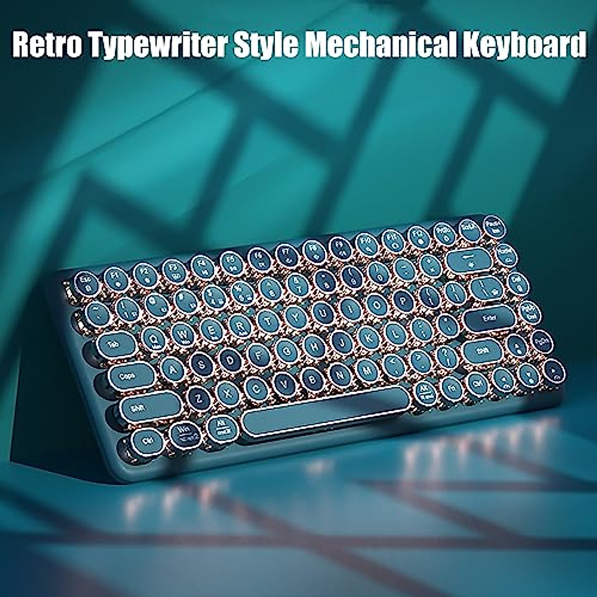 TISHLED Typewriter Keyboard Wireless 2.4GHz/Bluetooth/USB-C Wired Mechanical Gaming Keyboard with Gold LED Backlit 84-Key NKRO Hot Swappable Green Switches Retro Round Keycaps for Multi-Device